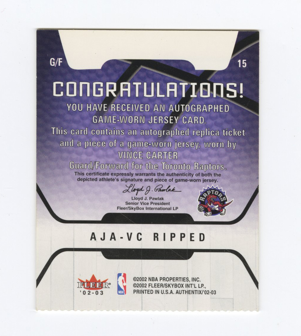 Lot Detail - 2002-03 Fleer #15 Vince Carter Authentix Patch-Autograph Lot Detail - 2002-03 Fleer #15 Vince Carter Authentix Patch-Autograph